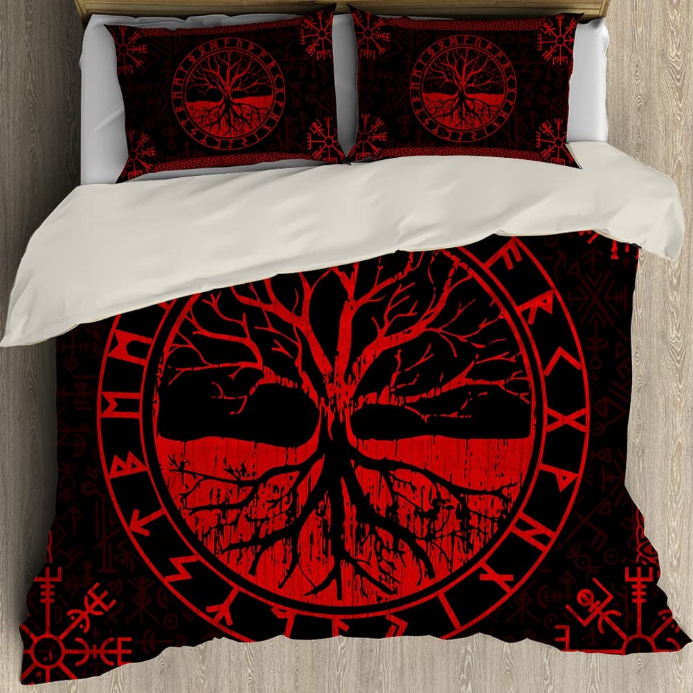 WDBAYXH Nordic Tree of Life 3 Piece Bedding Set, Viking 3D Print Duvet Cover with Pillowcases, Scandinavian Folklore Motifs Bedroom Home Textiles,Red,Queen