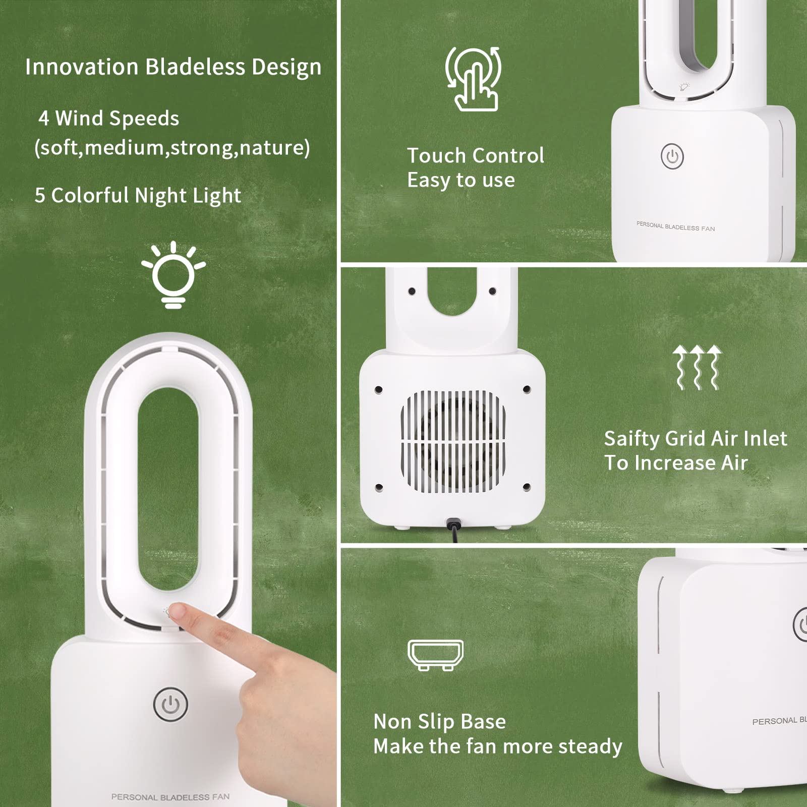 Bladeless Desk Fan Rechargeable, Small Bladeless Personal Fan Quiet Mini Table Fan, 12''Small Fan for Bedroom and Office, USB or 4000mAh Battery Operated, with Touch Control 6-Colors LED Light