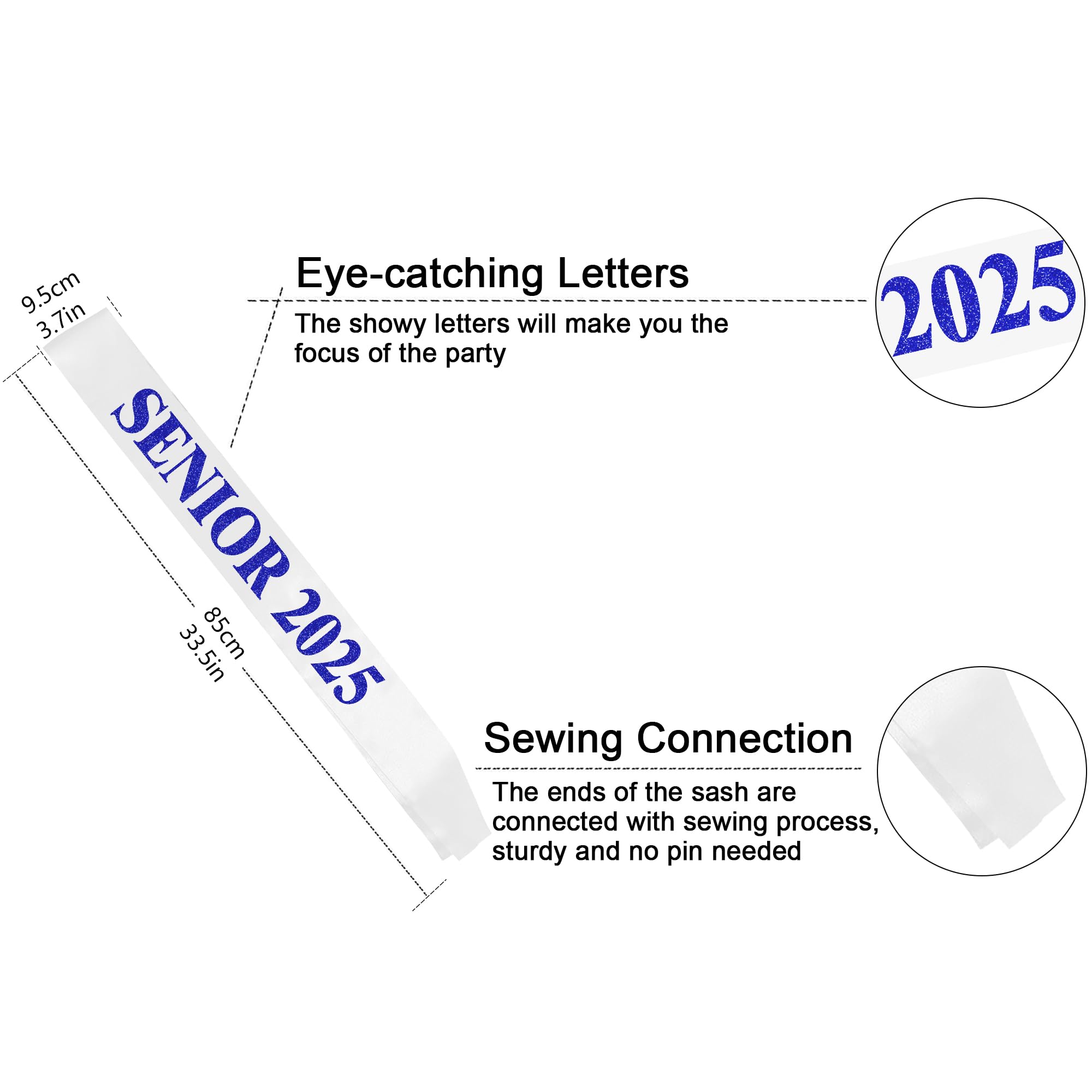 White Senior 2025 Satin Sash with Blue Glitter Letters- 2025 Graduation Sash - Finally Graduated - Senior Cheer Sash - Cheerleader Sash - Competition Sash
