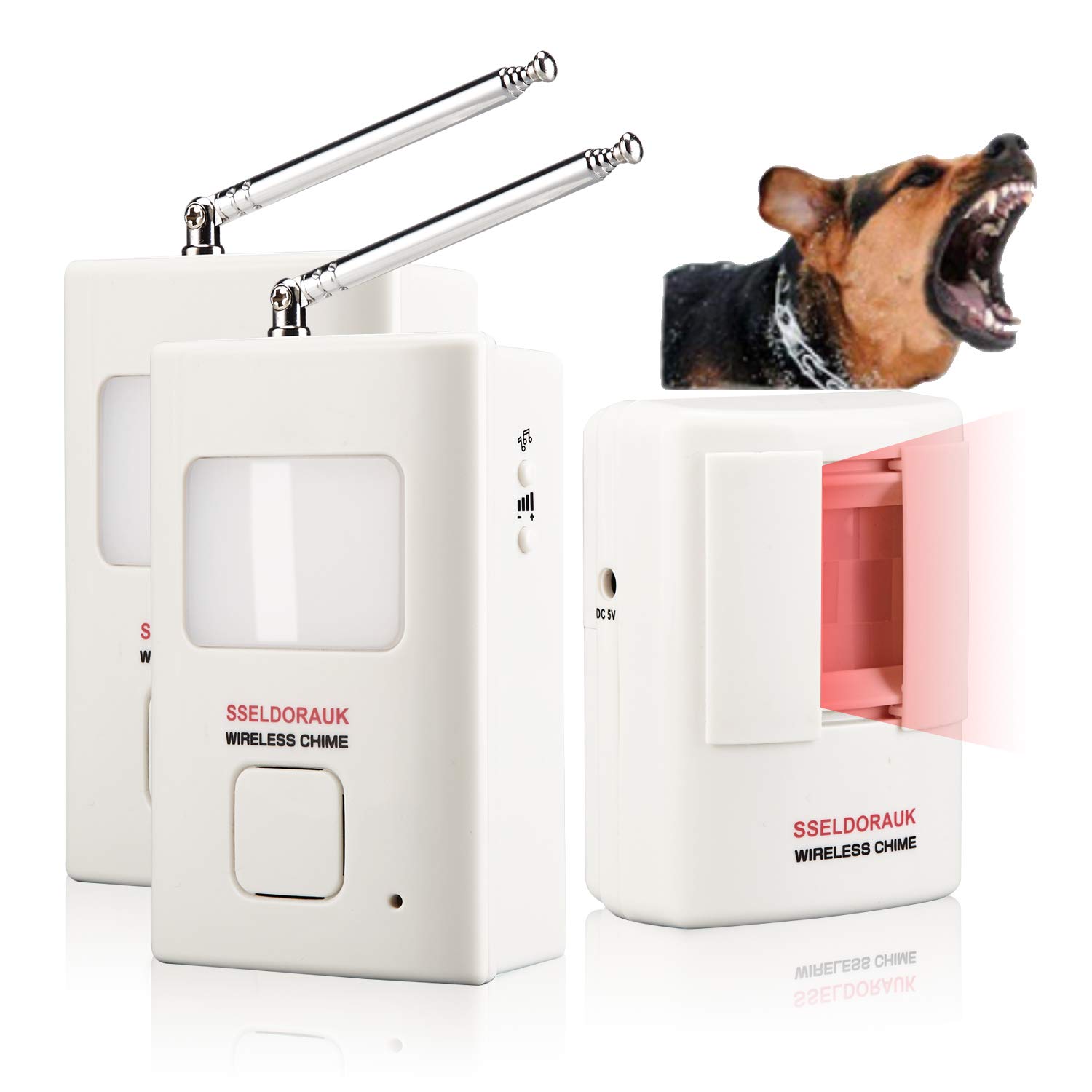 Dog Barking Alarm Motion Detector,Pir Wireless Human Body Walking Sensor Doorbell Door Security Alert System Device for Home or Office Burglar Deterrent (1Sensor + 2Receivers, White)