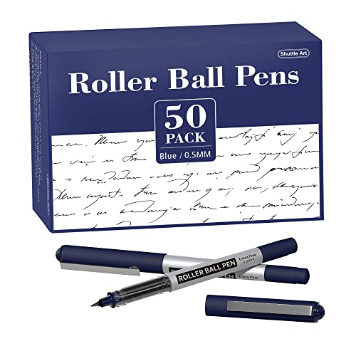 Shuttle Art RollerBall Pens, 50 Pack Blue Fine Point Roller Ball Pens, 0.5mm Liquid Ink Pens for Writing Journaling Taking Notes School Office