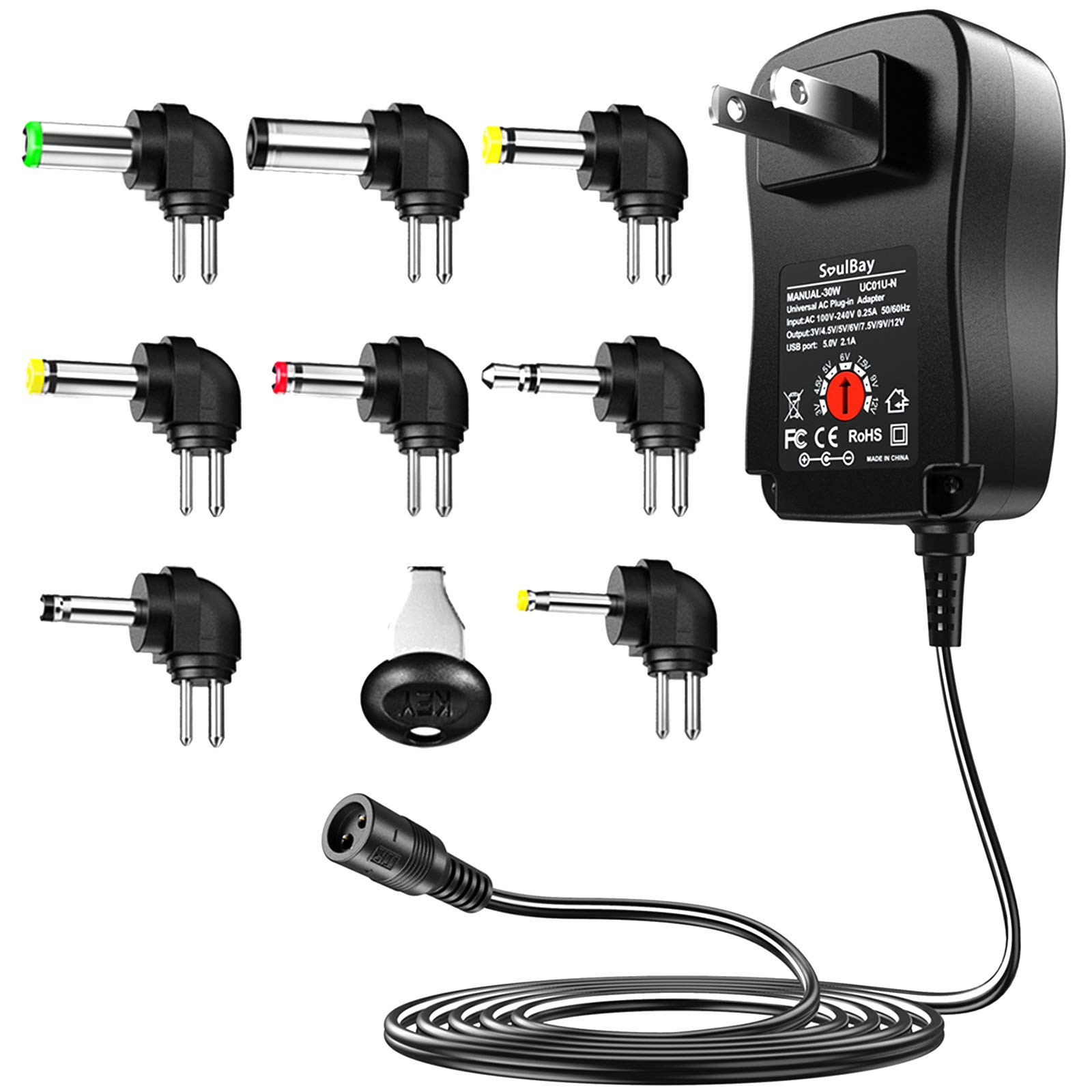 SoulBay Universal Power Supply AC to DC 3V 4.5V 5V 6V 7.5V 9V 12V Multi Voltage Power Adapter with 8 Plugs for Center Negative(-) Tip Negative Effects Pedals Keyboards Instrument - 2A Max