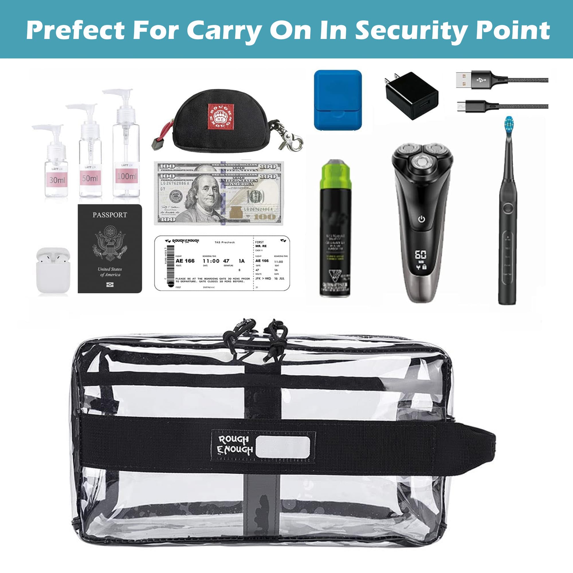Rough Enough Clear Toiletry Bag Travel Makeup Cosmetic Bags Organizer Case for Toiletries with Zipper Pockets and Handle