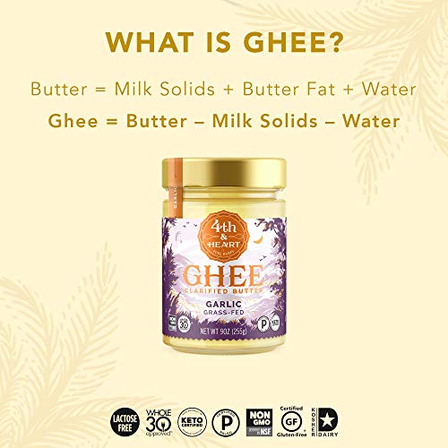 4th & Heart California Garlic Grass-Fed Ghee, 9 Ounce, Keto, Pasture Raised, Lactose and Casein Free, Certified Paleo