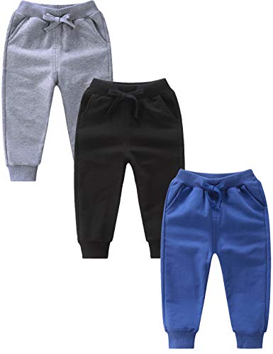 T.H.L.S Toddler Baby Boys Girls Sweatpants Cotton Active Jogger Pants with Pockets 3 Pack Grey Blue Black