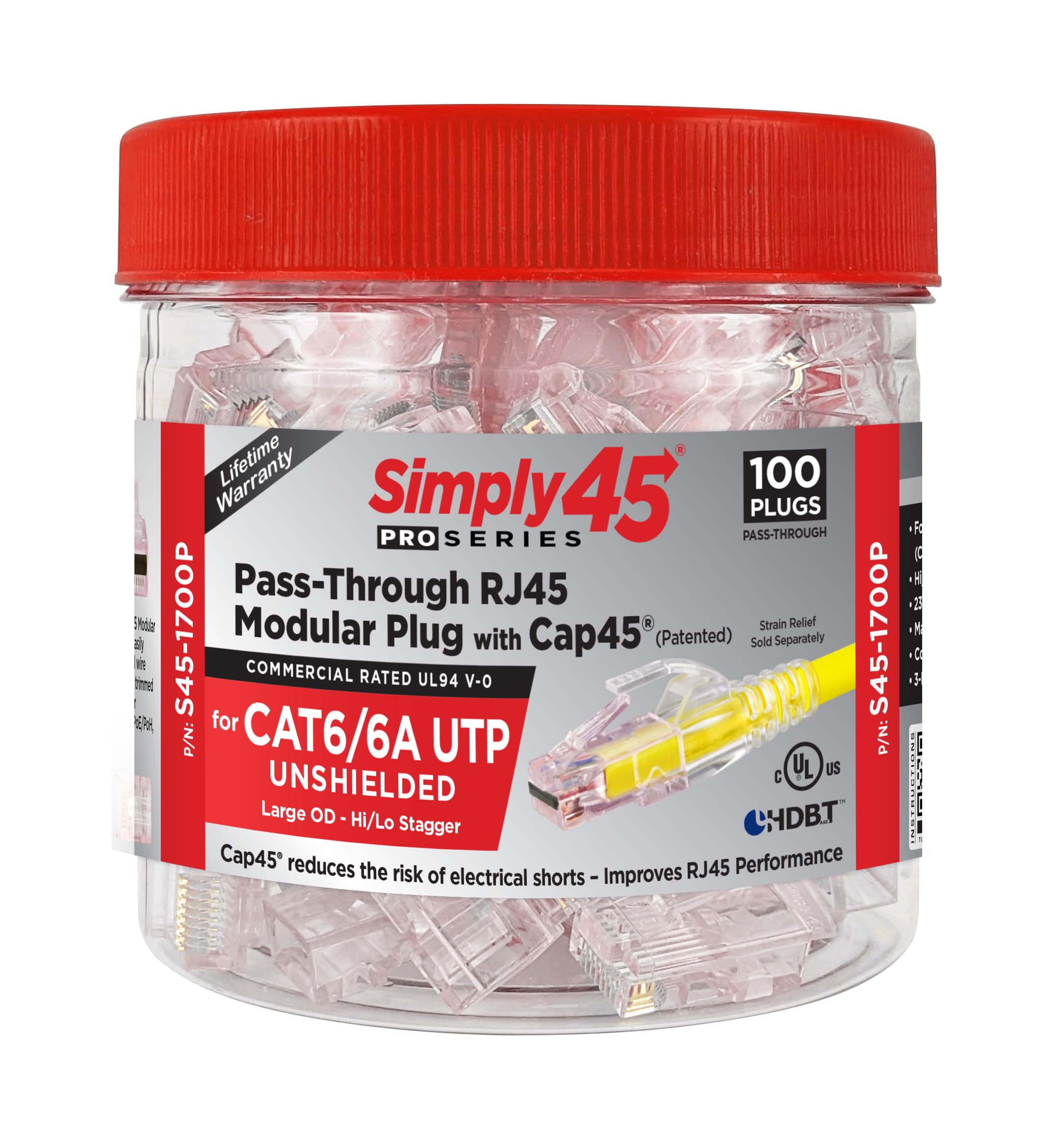 Simply45 ProSeries Unshielded Pass-Through RJ45 Modular Plugs with Cap45 for 23AWG Solid (Cat6/6a UTP) - Red Tint, Hi/Lo Stagger - 100-Pieces - S45-1700P