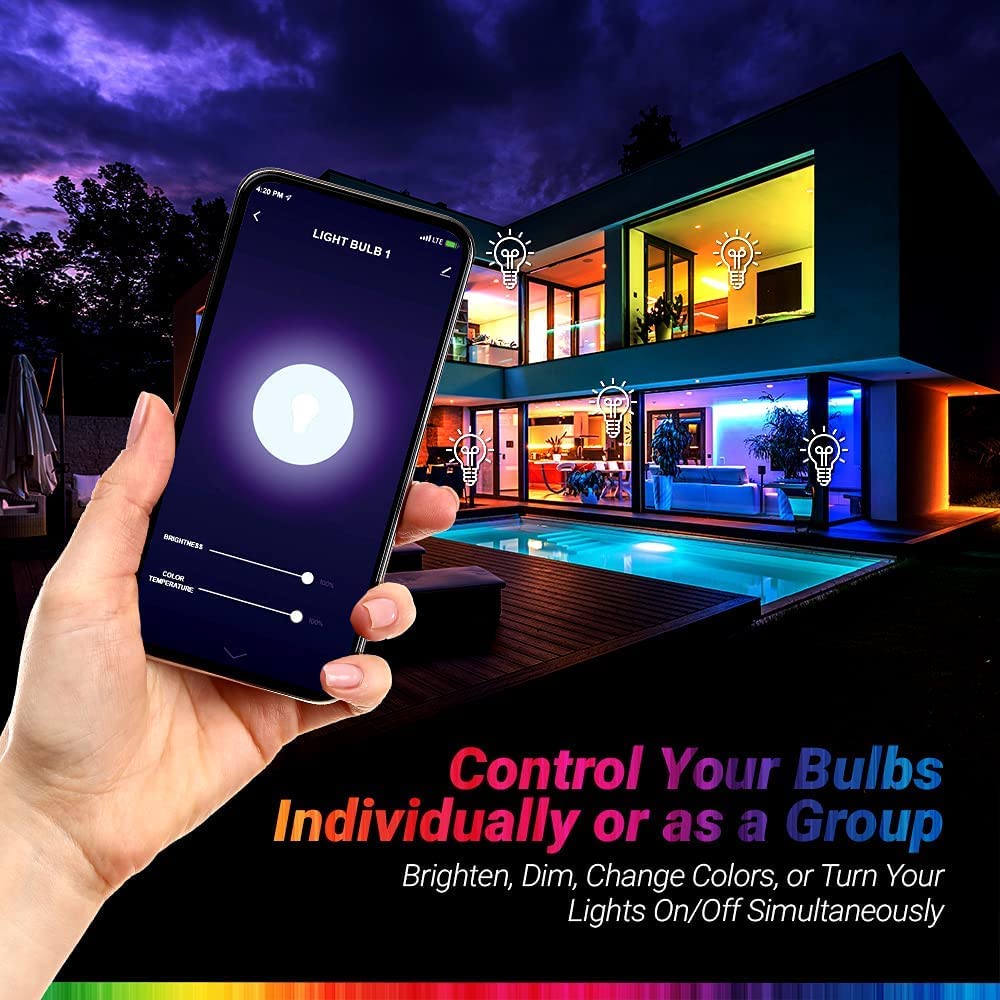 4 Pack BR30 WiFi Smart Light Bulbs - No Hub Required 13W (100W Watt Equivalent) Indoor Smart Bulb - Dimmable Compatible with Amazon Alexa Google Assistant and Smart Life Apps Smart Flood RGBCW Bulb