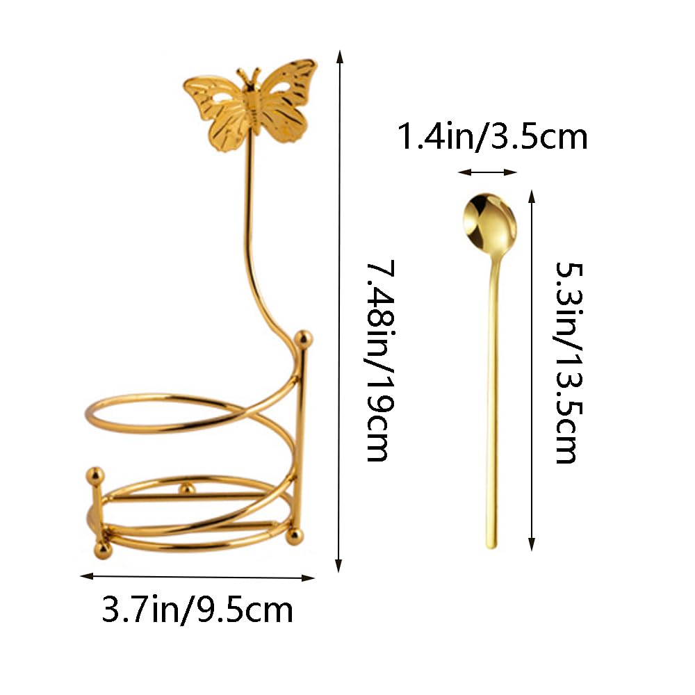 INPROPEXT 6PCS Coffee Spoons with Glass Holder, Small Stainless Steel Gold Round Dessert Spoons, Mini Tea Spoons Set for Fruit, Stirring, Mixing, Sugar, Ice Cream, Cake