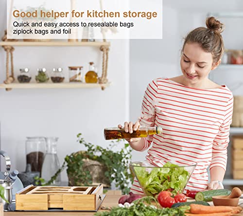 Bamboo 6 In 1 Foil and Plastic Wrap Organizer, Ziplock Bag Organizer/Holder Wrap Dispenser With Slide Cutter, for kitchen Drawer or House Wall Use, for Gallon,Quart,Sandwich Bag etc.