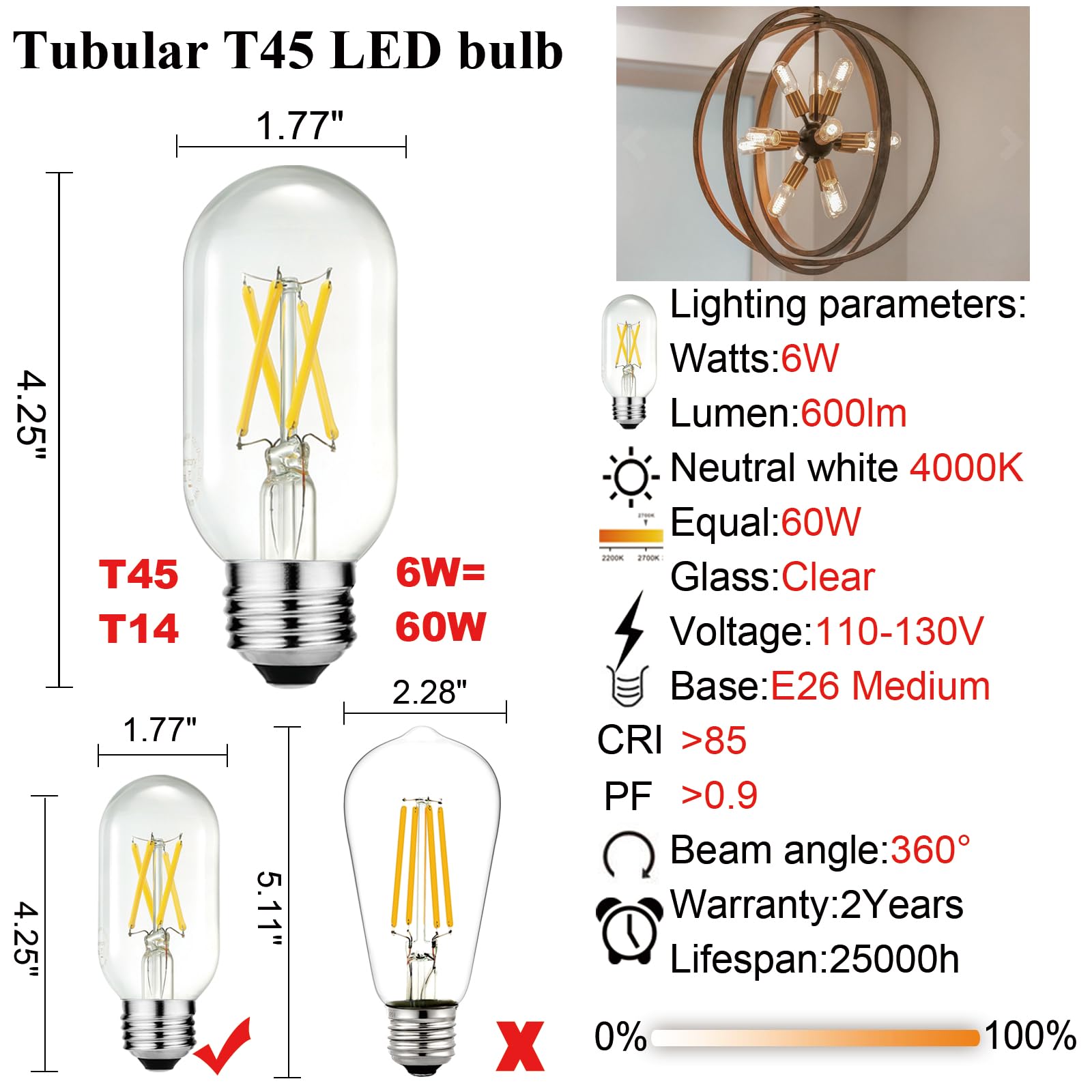 LiteHistory E26 Edison Bulb 6W Equivalent E26 LED Bulb 60 Watt Dimmable Neutral White 4000K E26 Light Bulb AC120V 600lm Tubular T14 T45 LED Bulb for Pendant,Sputnik,Vanity,Chandeliers Pack of 6