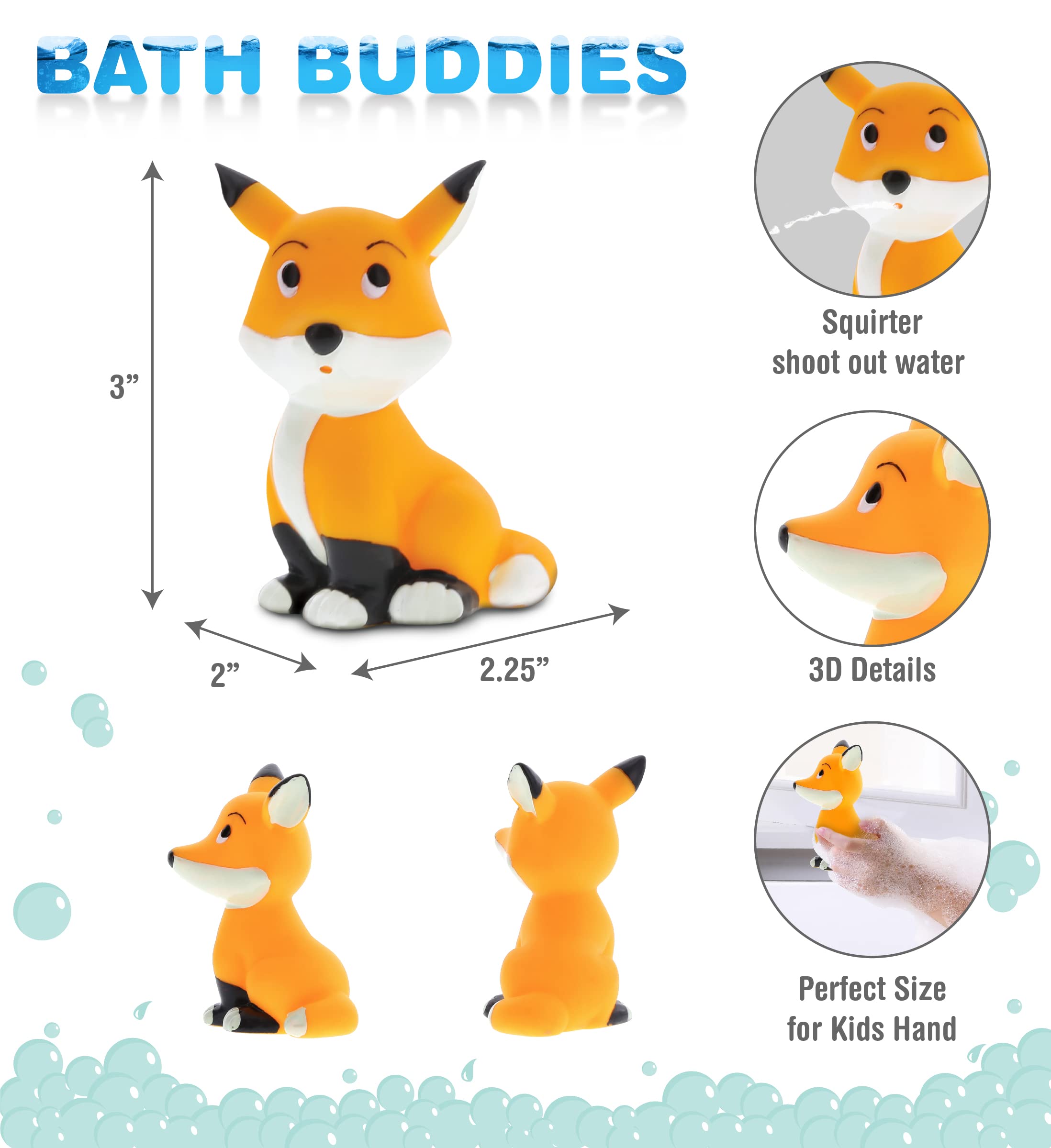 DolliBu Fox Bath Buddy Squirter - Floating Orange Fox Rubber Bath Toy, Fun Water Squirting Bathtime Play For Toddlers, Cute and Soft Wild Life Animal Toy For The Bathtub, Beach & Pool for Girls & Boys