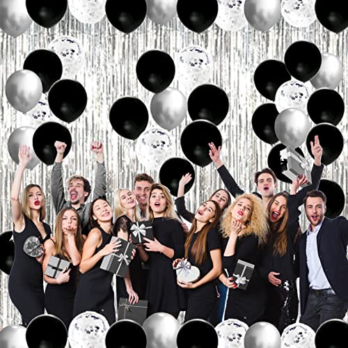 Black and Silver Party Decorations Kit, Silver Foil Fringe Curtain Backdrop, Black and Silver Balloons Set, Graduation Party Decorations 2023, Black and Silver Birthday Party Supplies