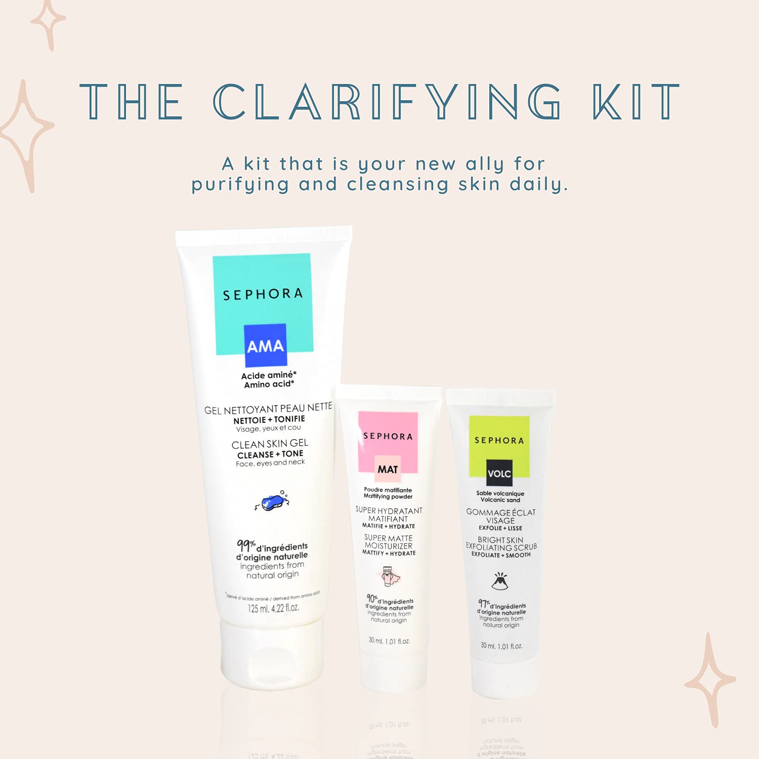 Sephora The Clarifying Kit - Clean Skin Gel Cleanser Toner, Super Matte Hydrating Moisturizer, Bright Skin Exfoliating Smoothing Scrub