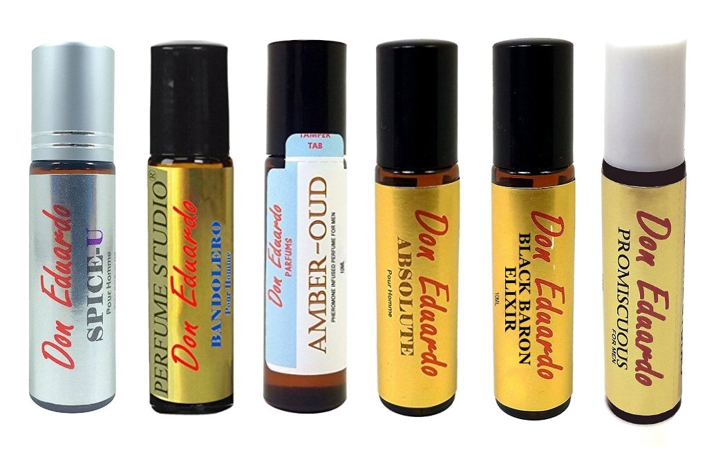 Don Eduardo Parfums Set for Men to Attract Women with Natural Attractant Oils (Absolute, Spice-U, Amber Oud, Bandolero, Black Baron, Promiscuous), 10ml