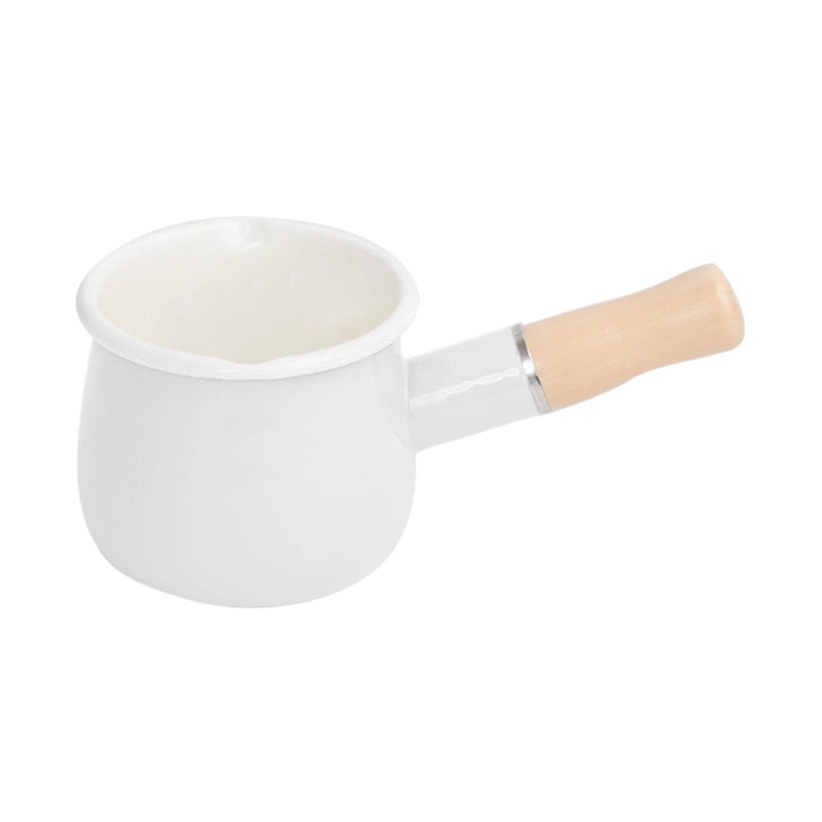 Enamel Milk Pan, Mini Butter Warmer with Pour Spout, 550ml Enamelware Saucepan Milk Warmer with Wooden Handle Small Cookware for Heating Milk, Melting Butter, Boiling Water(White)