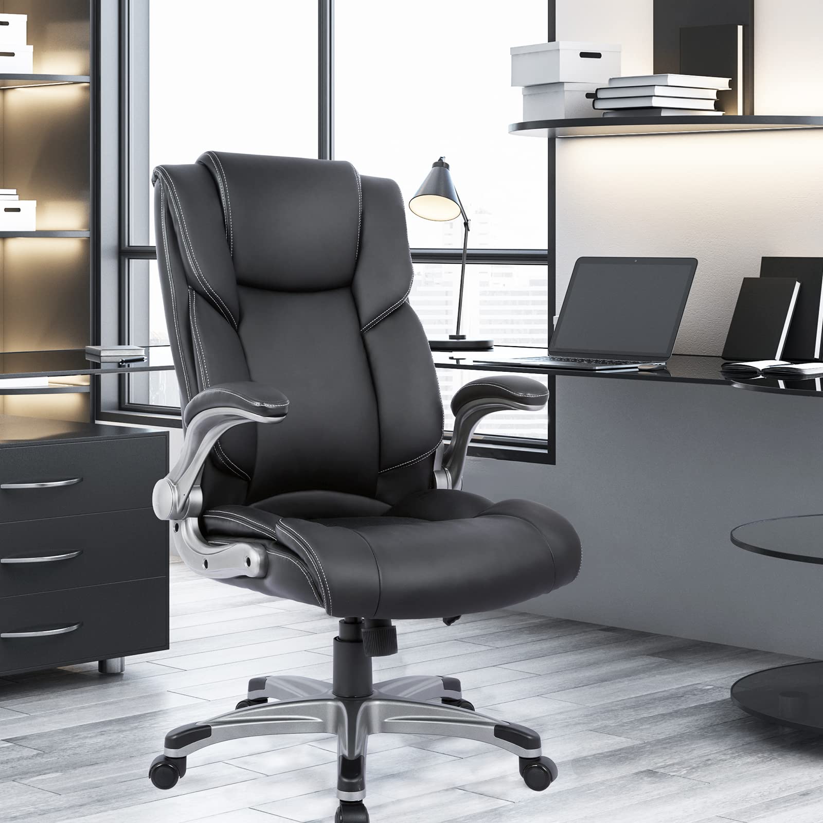 High Back Executive Office Chair- Ergonomic Home Computer Desk Leather Chair with Padded Flip-up Arms, Swivel Rolling Chair for Adult Working Study-Black