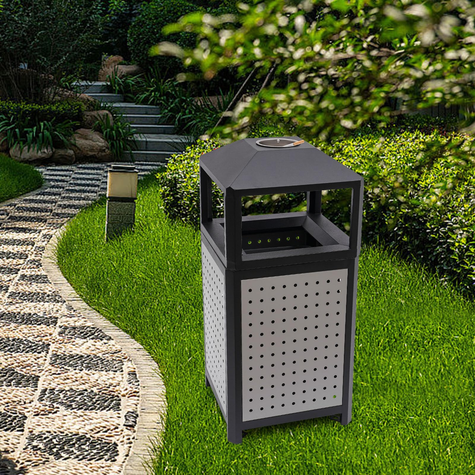Oiveinya Industrial Waste Container,Stainless Steel Galvanized Heavy Duty Trash Can with Lid and Ashtray,Large Square Trash Can for Industrial Mall Kitchen Restaurants Indoor Outdoor (15 Gallons)