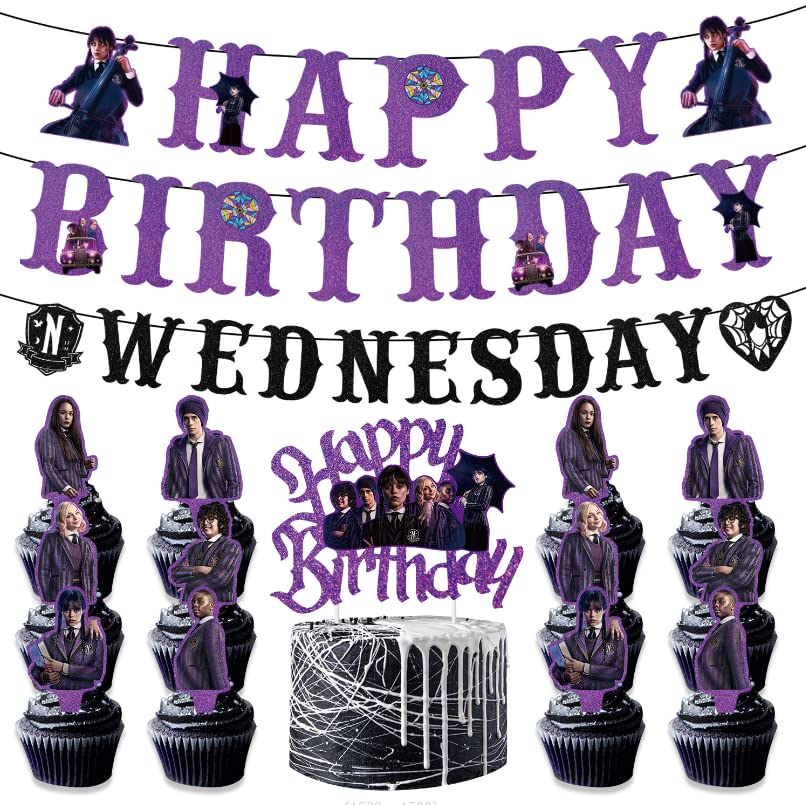32Pcs Wednesday Party Supplies Addams Sparkling Cake Topper Cupcake Decoration Balloons Banner Backdrop For Birthday