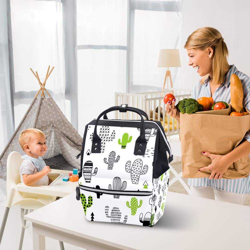 Shiiny Cute Hand Drawn with Cactus Diaper Bag Backpack for Baby Care, Multi Function Waterproof and Cooler Tote Travel Backpack (Nappy Bag, Tissue Pocket)