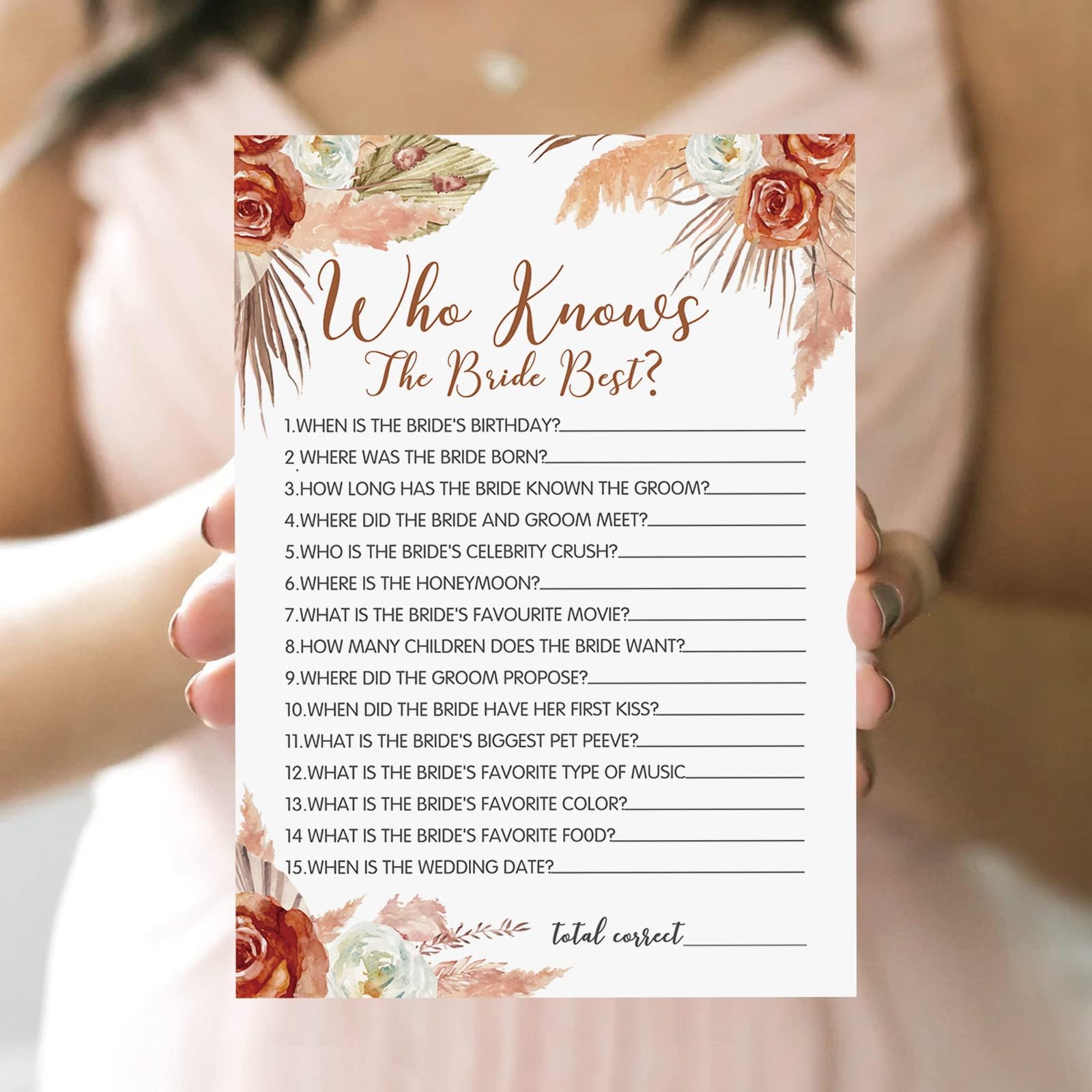Levfla Boho Bridal Shower Games - Set of 6 (50 pcs Per Game), with Tropical Bohemian Bride to Be Sash + 4 PCS Marker Pens, Suitable for Pampas Bridal Shower, Terracotta Bachelorette Party