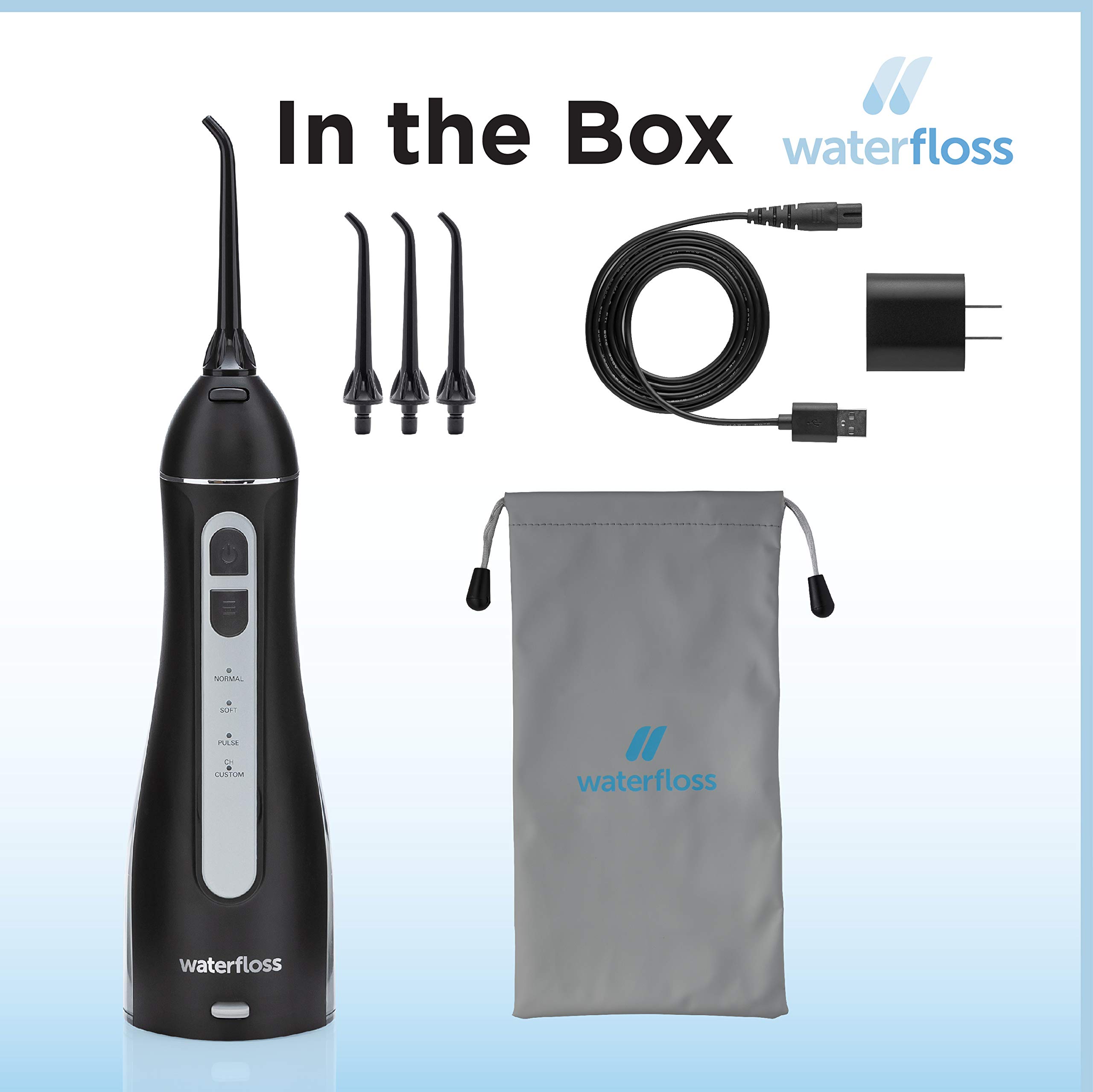 Waterfloss Water Flosser Small Cordless Water Pick Teeth Cleaner Dental Oral Irrigator with 4 Modes and USB Rechargeable Lithium Battery, Black
