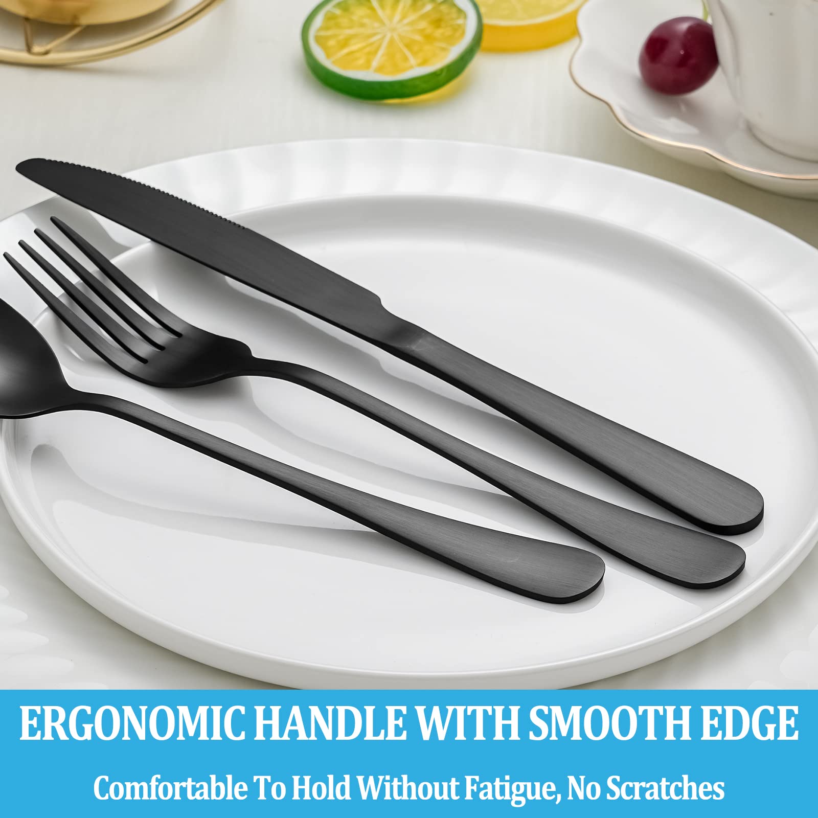40 Piece Matte Black Silverware Set,Stainless Steel Flatware Cutlery Set Service for 8,Kitchen Tableware Set,Utensil Set for Home and Restaurant,Knives Forks Spoons Set,Satin Finish,Dishwasher Safe