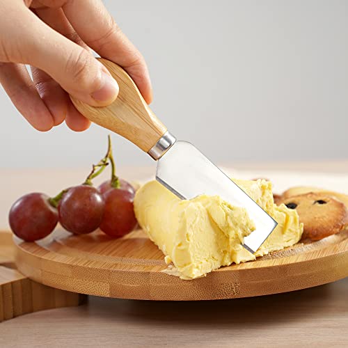 Bamboo Cheese Board and Knife Set,Round Charcuterie Board Set with 4 Knives,Cheese Board Set with Slide-Out Drawer,House Warming Gifts New Home