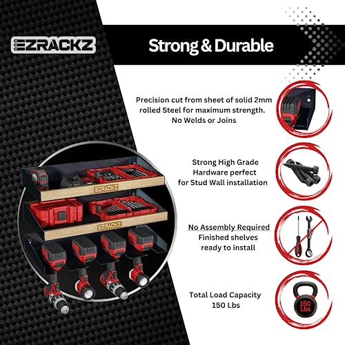 Ezrackz Power Tool Organizer Wall Mount, Cordless Tool Organizer, 3 Heavy Duty Drill Holder Wall Mount Shelves, Power Tool Storage Rack, 150lb Cap, Garage Shed Organization Battery & Charger Shelf