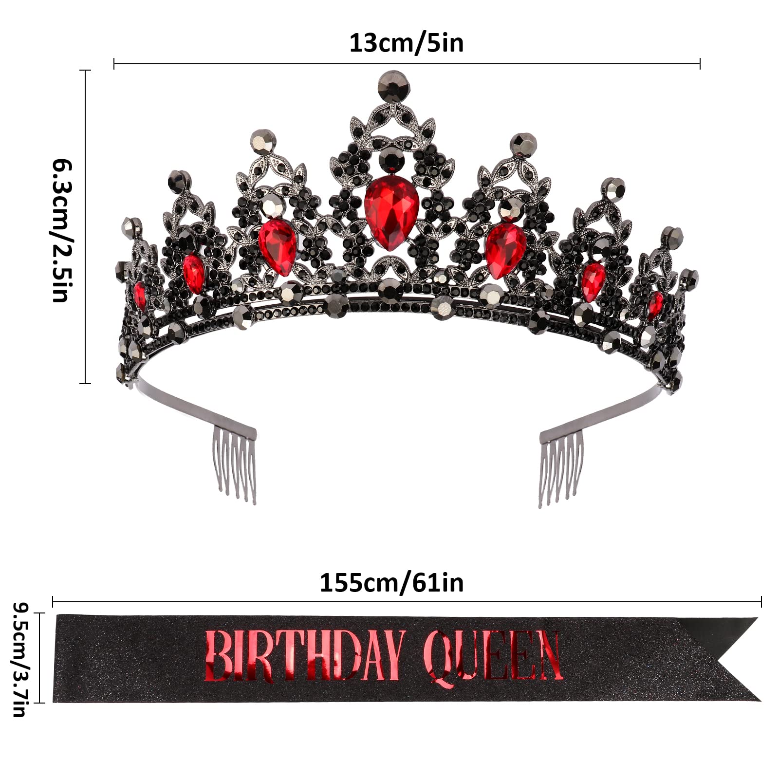 CAVETEE Red Black Birthday Crown and Sash for Women Sash & Rhinestone Tiara Set Red and Black Party Decorations Birthday Queen Crowns Tiaras for Women