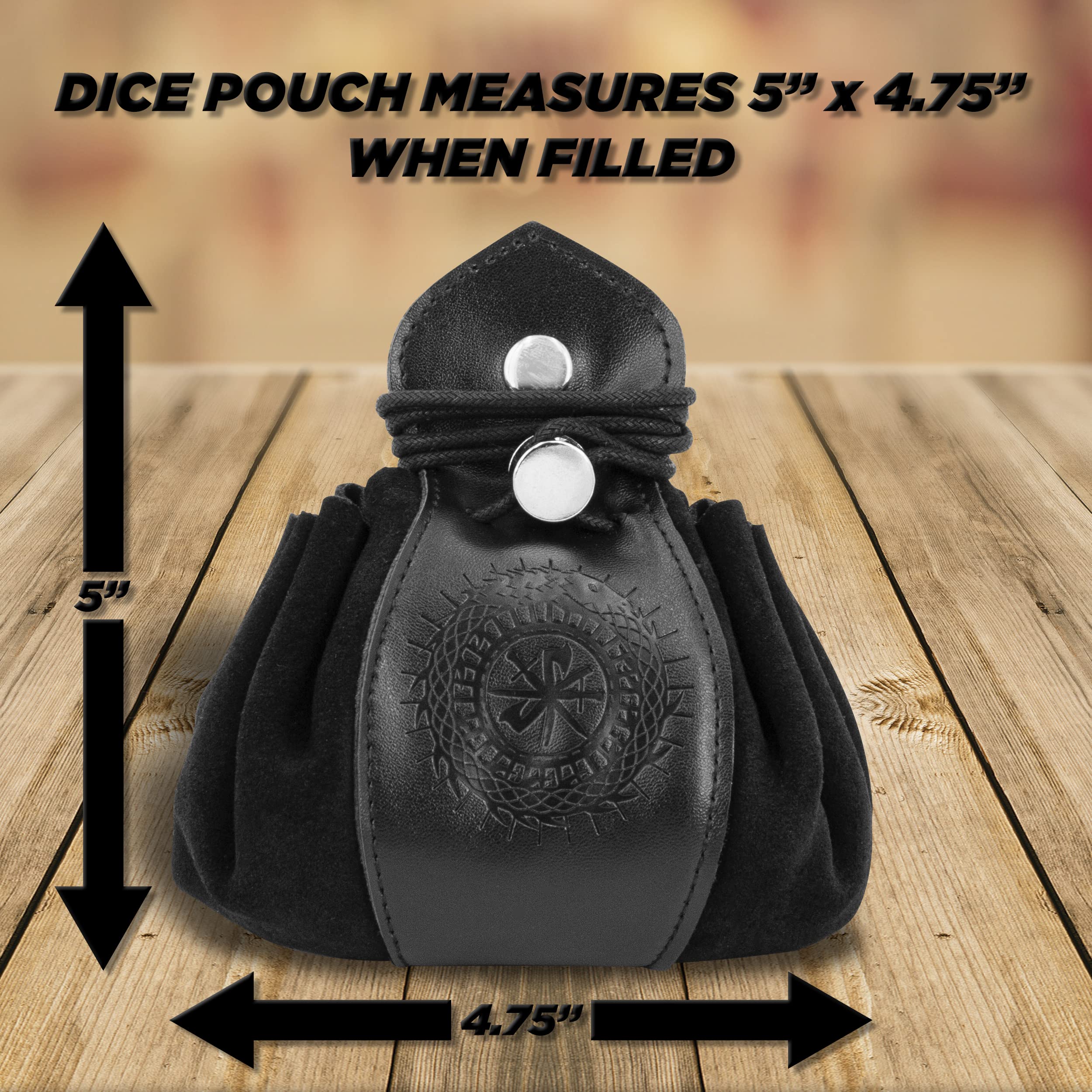 CASEMATIX Leather Dice Bag and Dice Rolling Tray for 50+ RPG Dice - Black DND Dice Bag Leather Drawstring Pouch with Non-Scratch Fabrics, Metal Hardware and Debossed Serpent Design