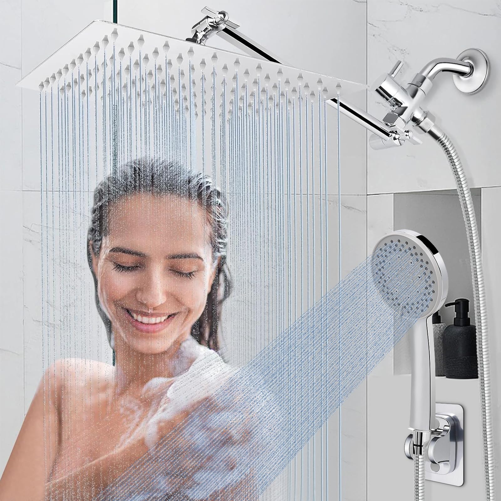 Shower Head Combo with 11'' Extension Arm,High Pressure 8" Rain Shower Head with Handheld Shower Spray and Holder/ 1.5M Hose,Dual Rainfall Showerhead Set,Chrome