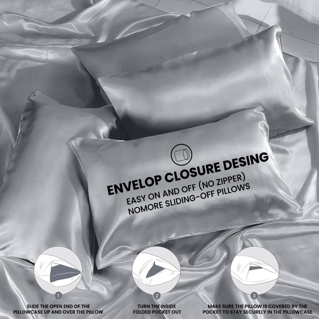 AL AHMEDANI LINEN 6 Piece Satin Sheets Queen and King Size with 4 Pillow Cases, 1 Satin Fitted Sheet, 1 Satin Duvet Cover - Gray