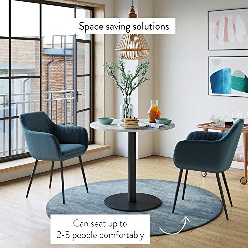 Nathan James Bistro Lucy Small Mid-Century Modern Kitchen or Dining Table with Faux Carrara Marble Top and Brushed Metal Pedestal Base, Black, 31.5D x 31.5W x 29H in