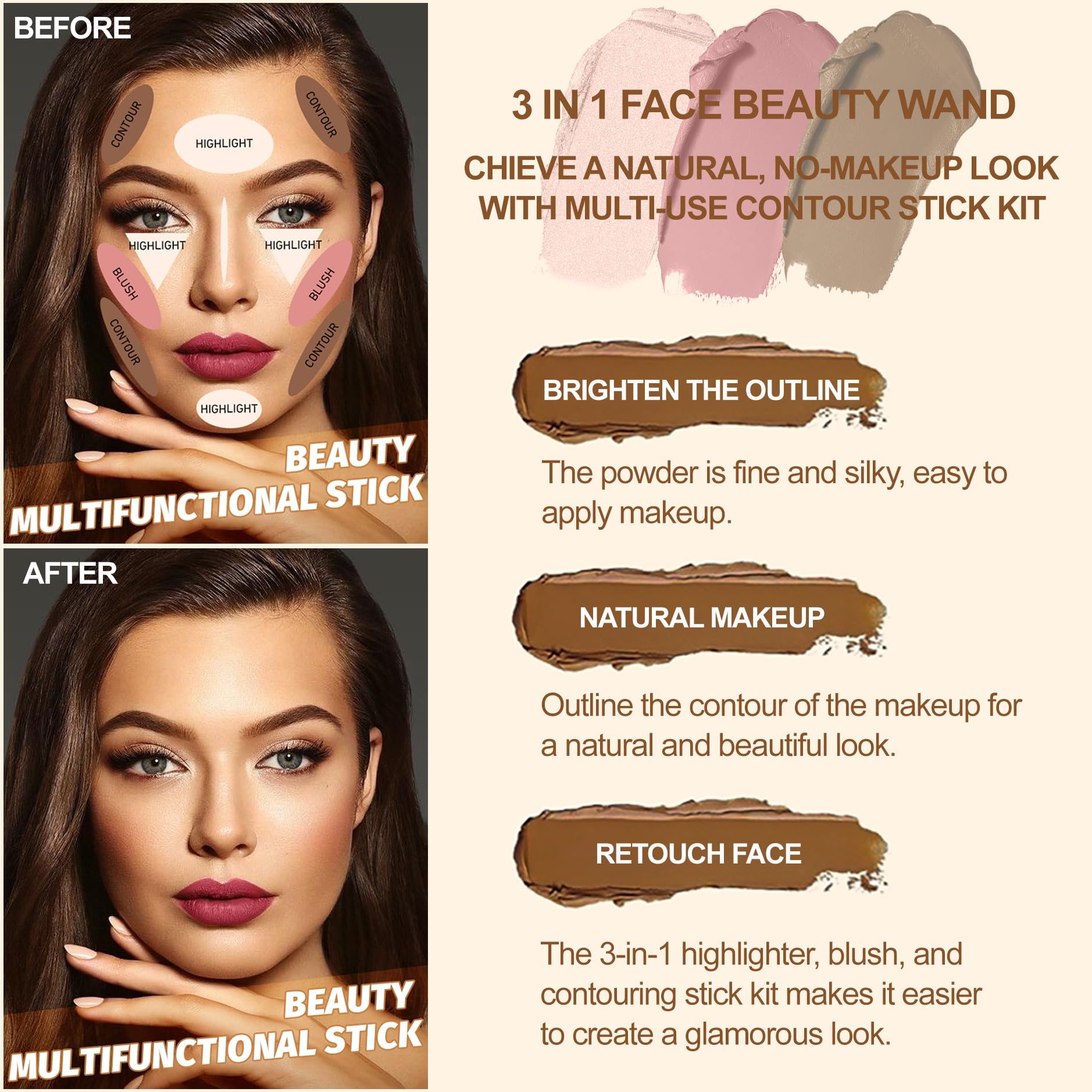 3Pcs Cream Contour Stick Makeup Kit,Shades with Highlighter Stick,Blush Stick and Bronzer Contour Stick for Sculpt the Cheeks,Long Lasting,Waterproof,Matte & Dewy Finish,LIGHT MEDIUM (#02,05,06)
