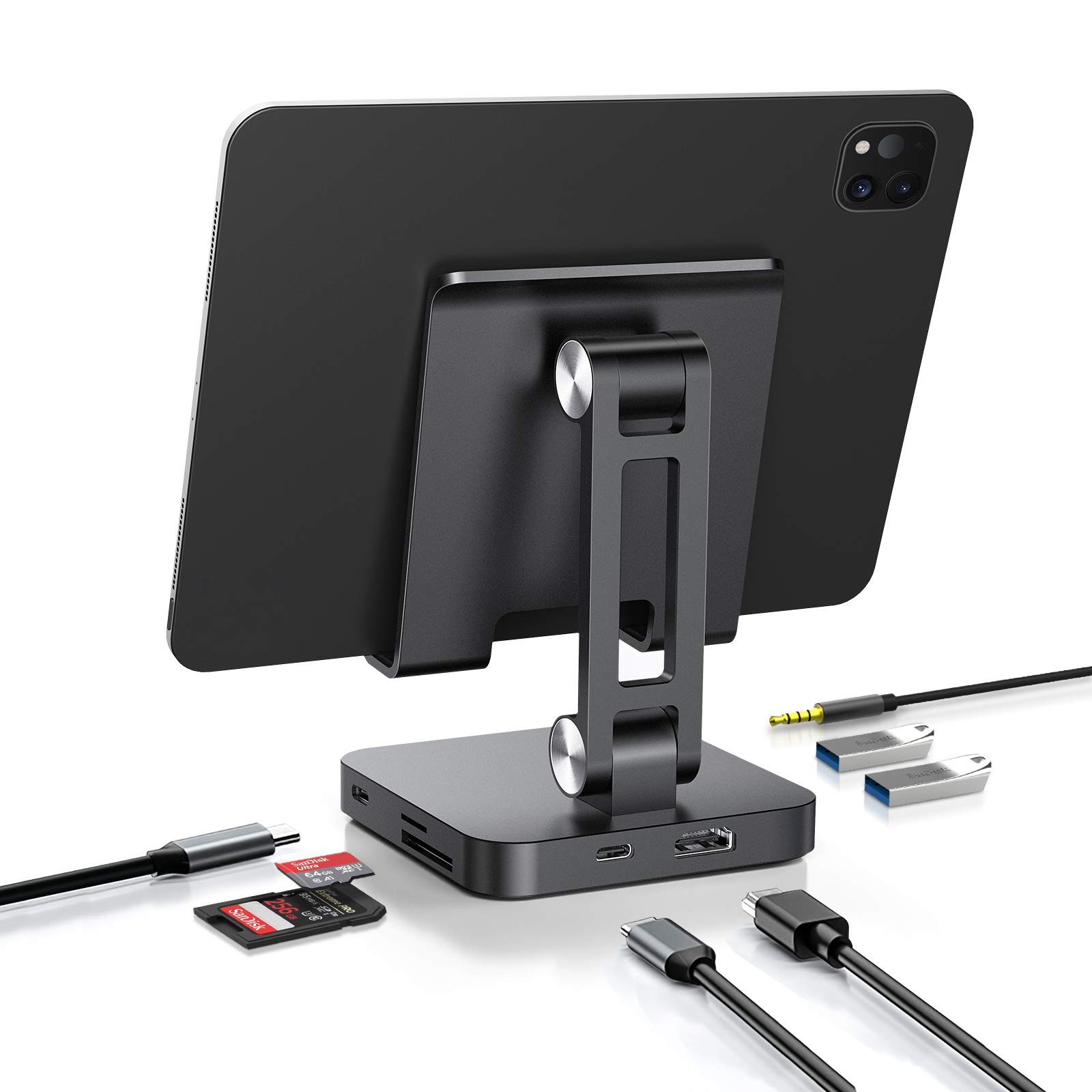 USB C Hub Stand, 7 in 1 USB C Multiport Adapter with 4K@30Hz HDMI, 100W Power Delivery, Micro SD Card Reader, 5Gbp USB 3.0, Headphone Jack, Tablet, Phone, Adjustable Type C Hub for iPad Pro Mac Chrome