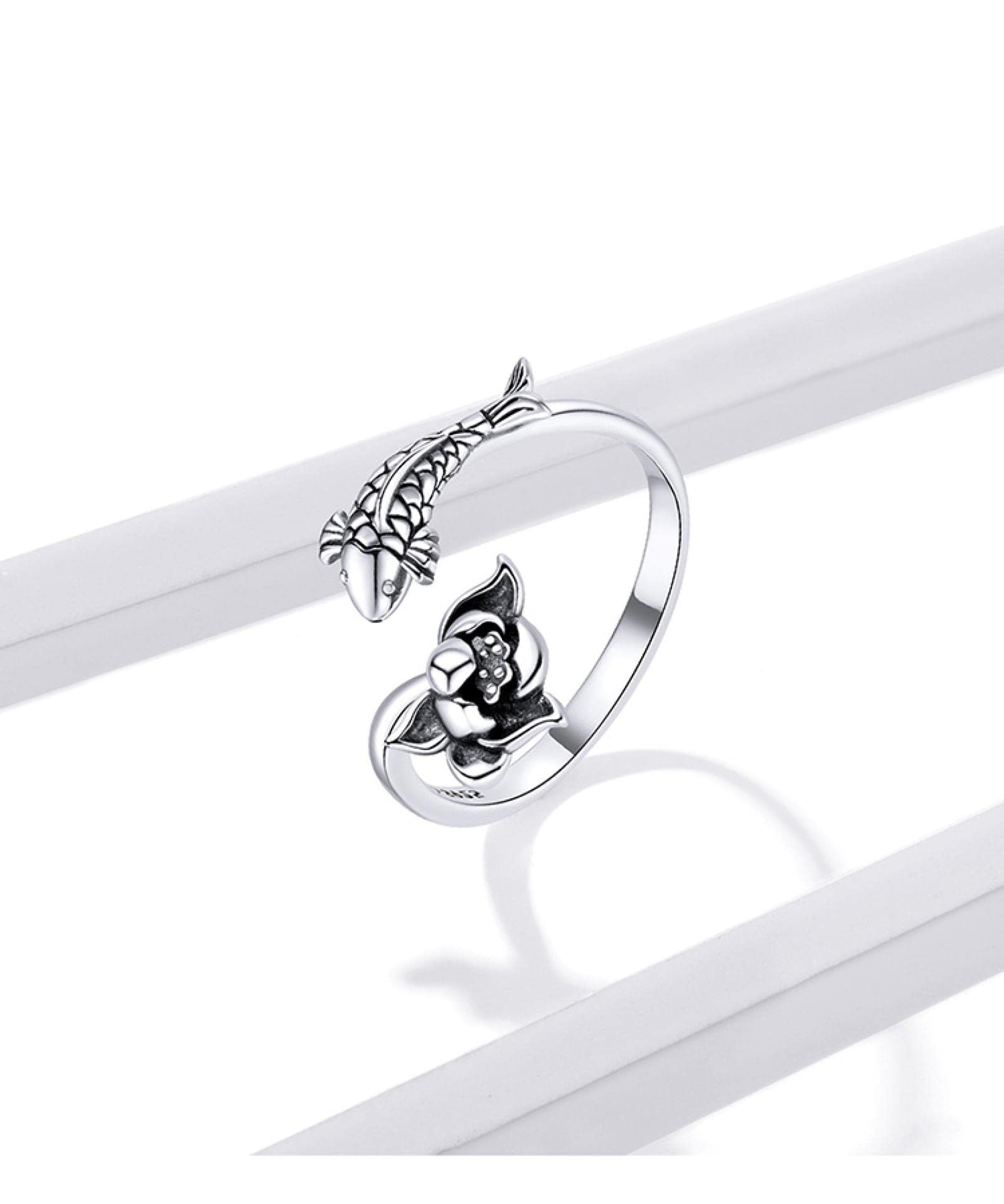 925 Sterling Silver, Natural Koi Lotus Open Ring, Women'S Adjustable Jewelry