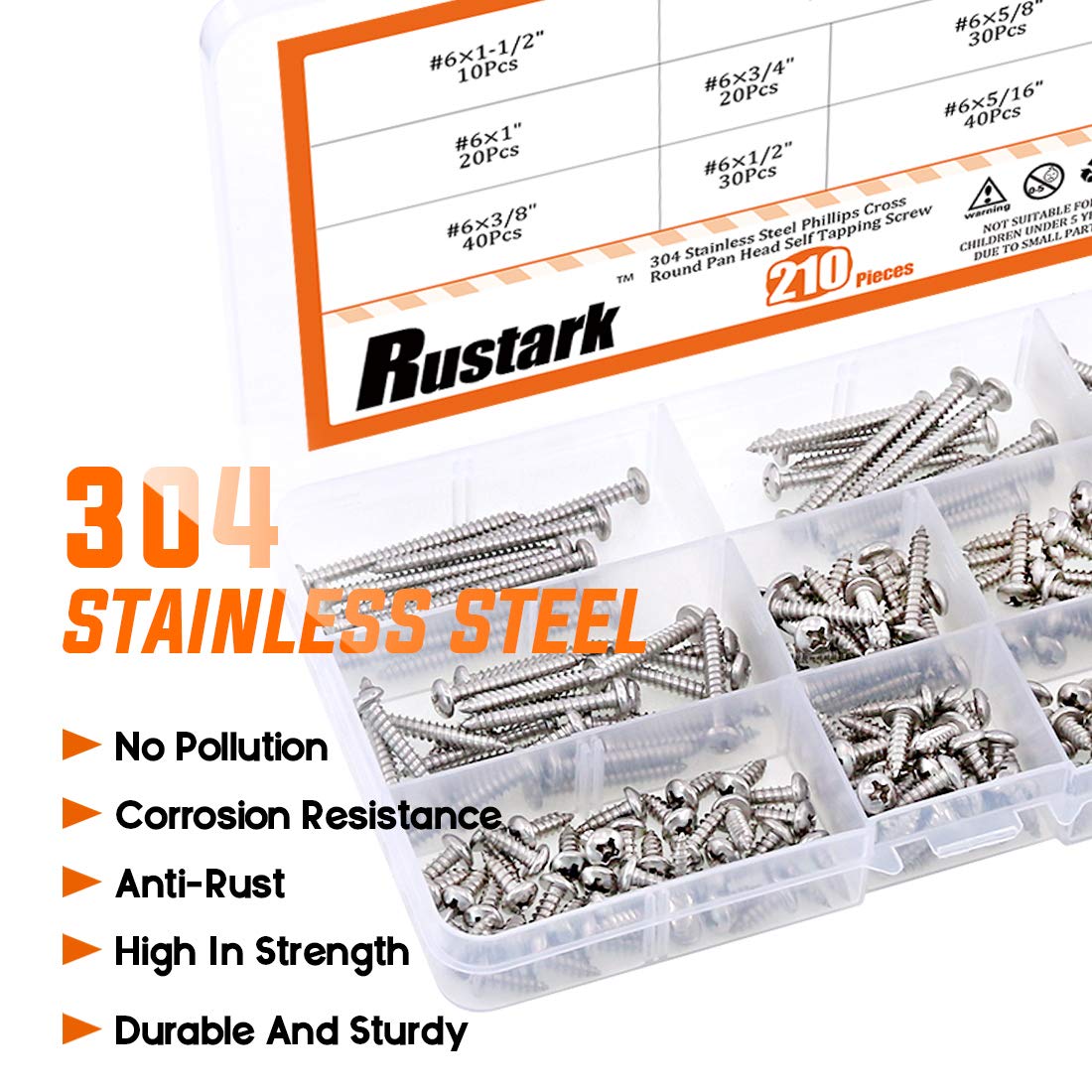 Rustark 210-Pcs [# 6 5/16'' to 1-1/2''] 304 Stainless Steel Round Pan Head Phillips Cross Wood Screws Drive Self Tapping Drilling Screws Assortment Kit