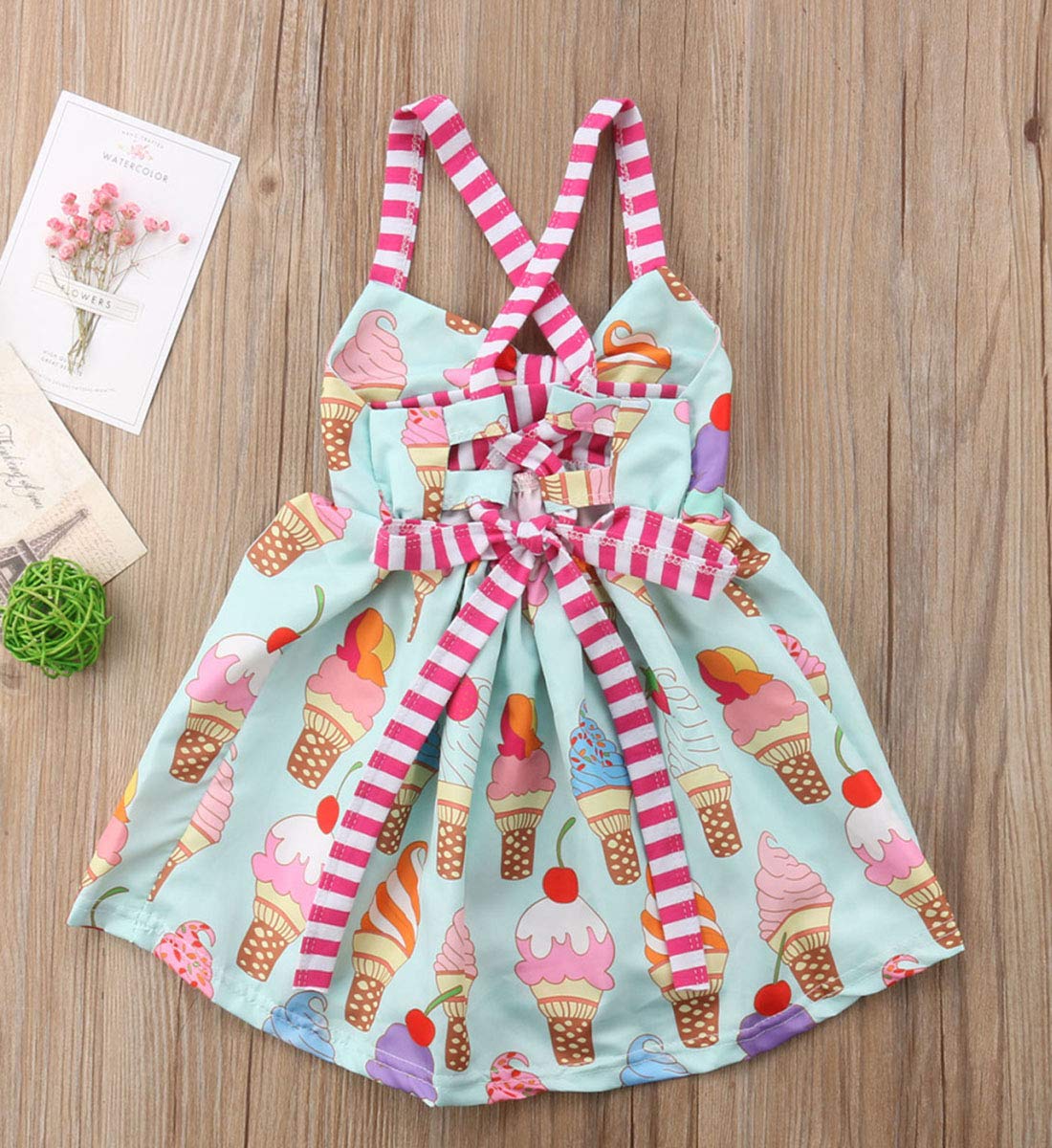 YOUNGER TREE Toddler Baby Girls Summer Skirt Ice Cream Print Sleeveless Strap Backless Dress (Green, 3-4 T)