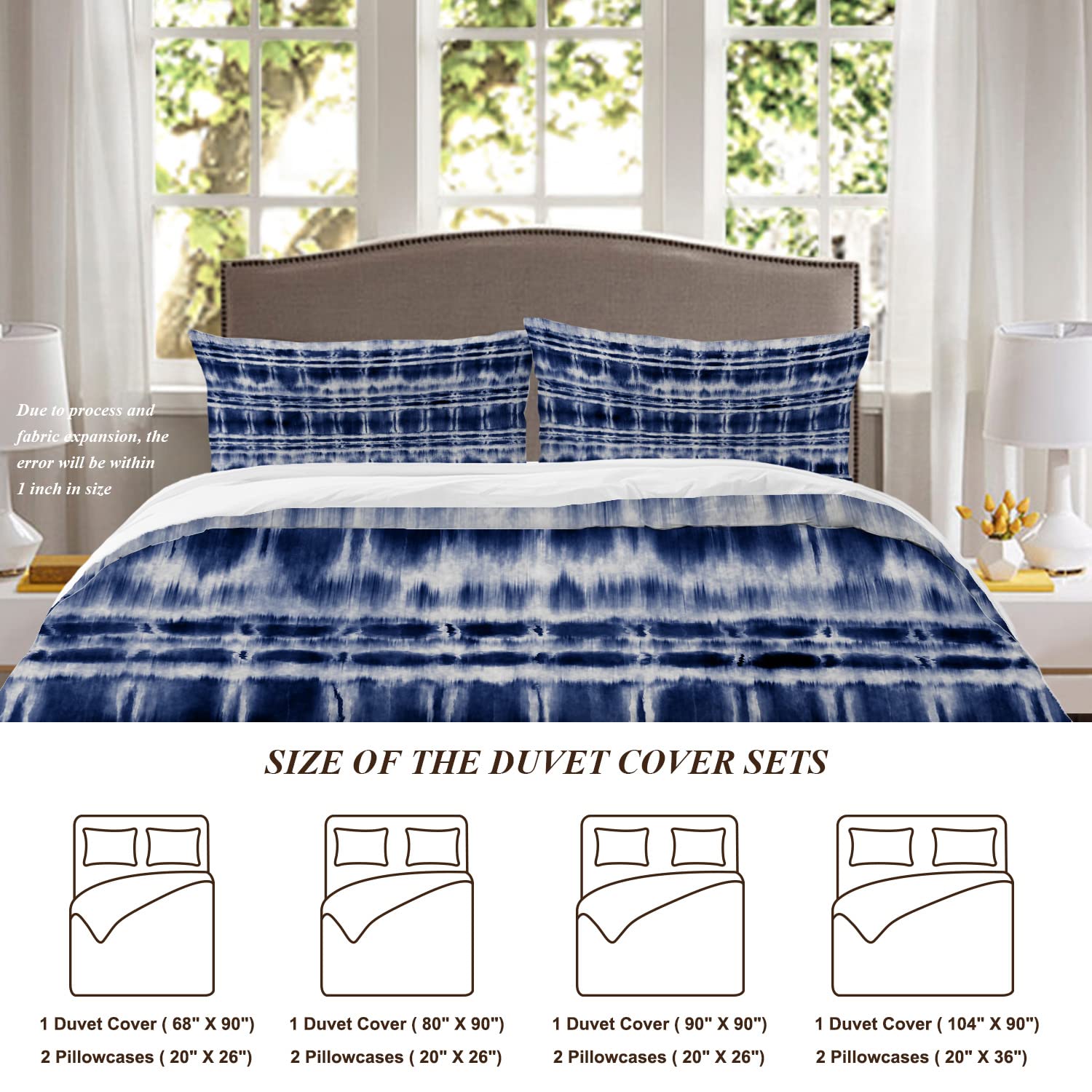 Shrahala Blue Tie Dye Duvet Cover Set Twin Size, Shibori Striped Navy Indigo Abstract Folk 3 Pieces Soft Brushed Duvet Covers with Button Closure, 100% Cotton (No Comforter)
