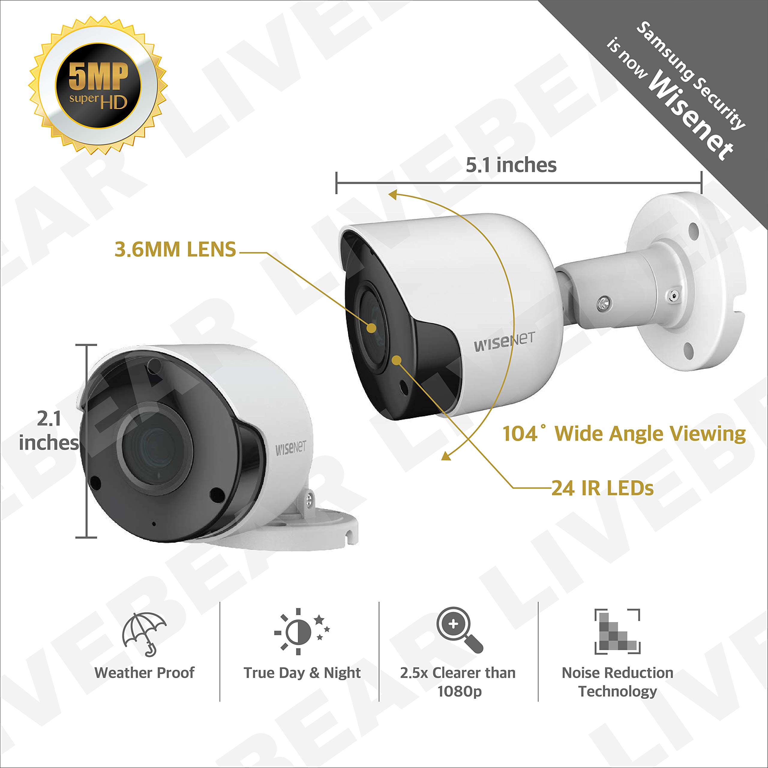 Wisenet SDC-89445BF 5MP CCTV Surveillance Weatherproof Bullet Security Camera 82ft IR Distance Plastic Housing 3.6mm Lens 104° Wide Angle (Double Pack)