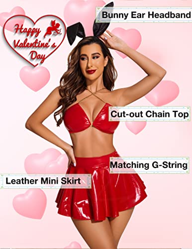 Avidlove Cosplay Lingerie for Women Sexy Bunny Costume Latex 4pack Ring Chain Linked Cut-out Halloween Outfit Set(Red,XL)