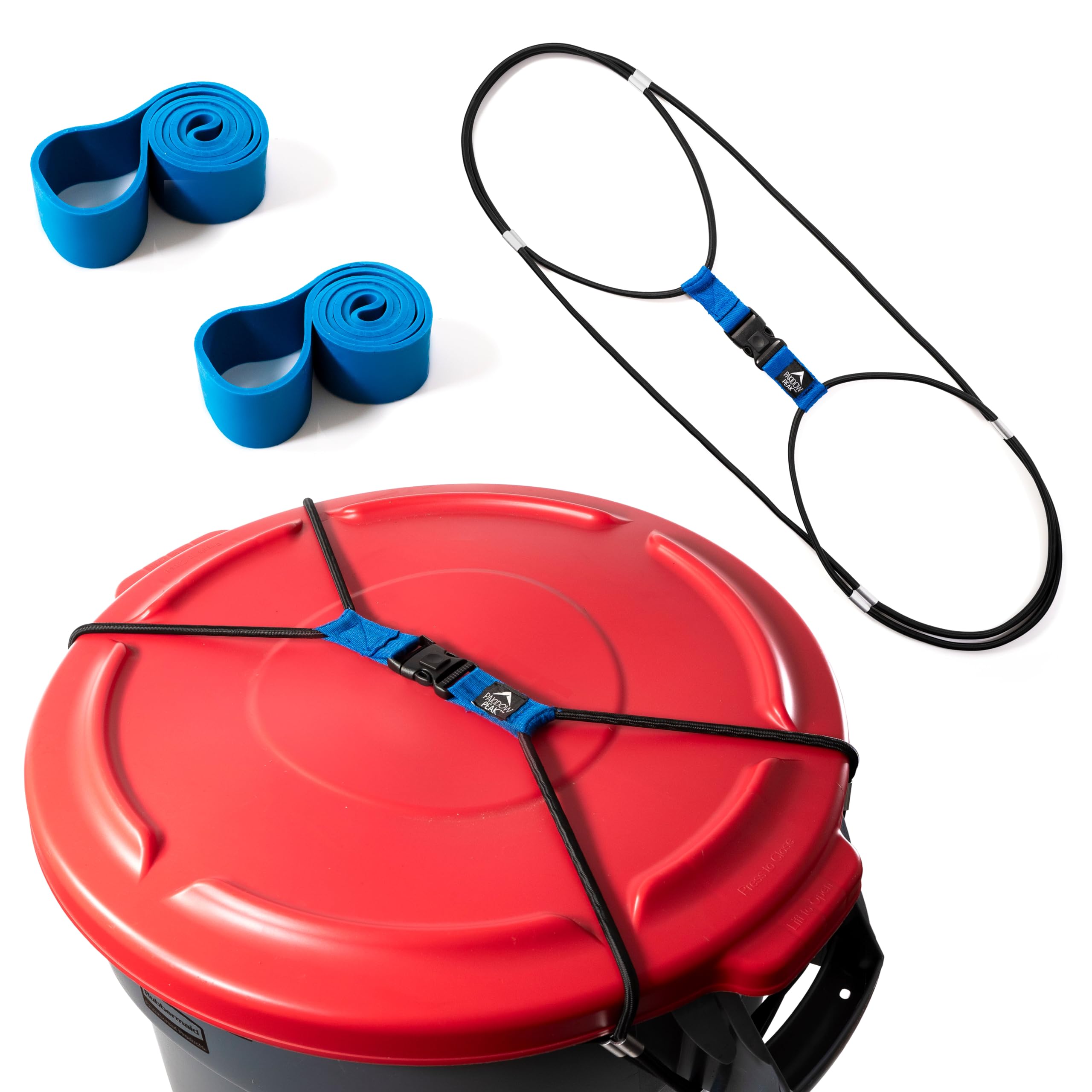 Pakidow Peak Trash Can Lid Lock - 2 Pack - for Outdoor Garbage Cans - Adjustable Up to 64 Gallon - Buckle Locking to Keep Animals and Other Pests Out (Trash can NOT Included)