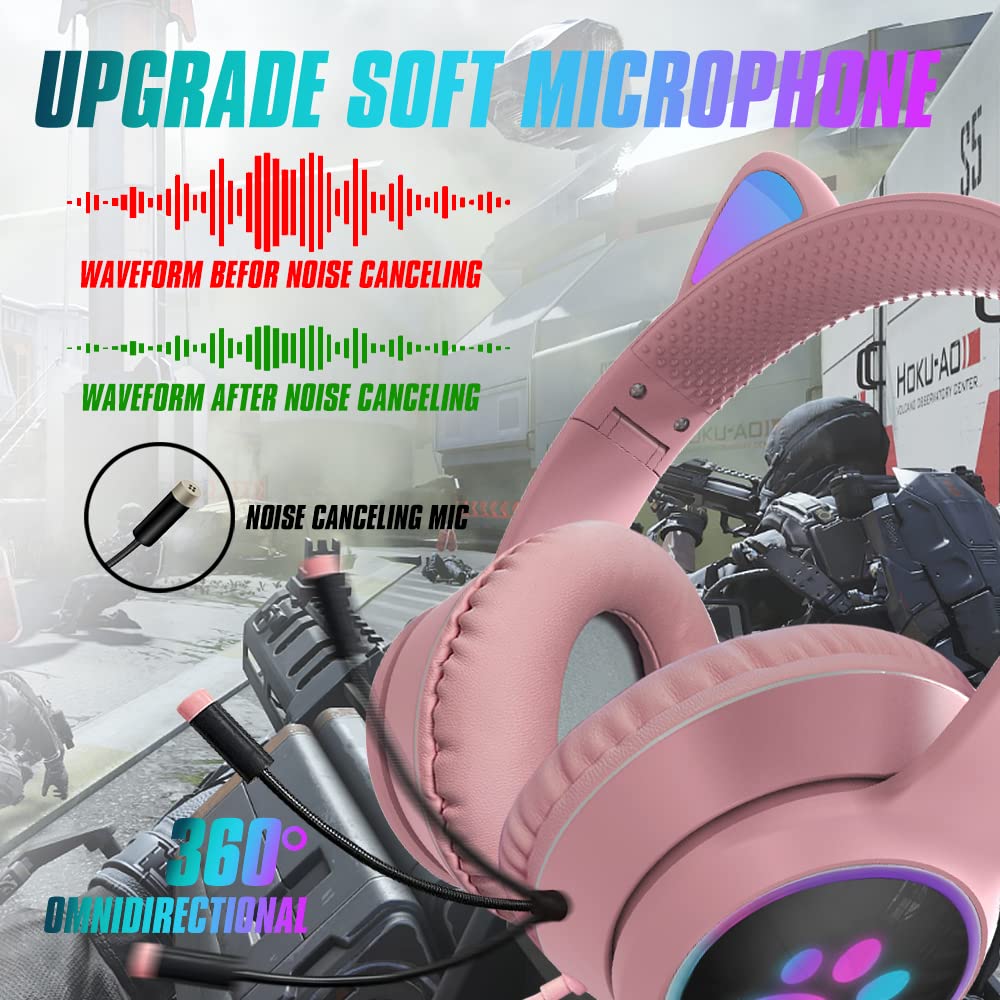 MIDOLA Gaming Wired AUX 3.5mm Cat Ear Headphone Over Ear LED Light Fit Adult & Kids Girl Boy Foldable Stereo Headset Earmuffs with Mic for PC PS4 Game Cellphone Laptop Pad Pink