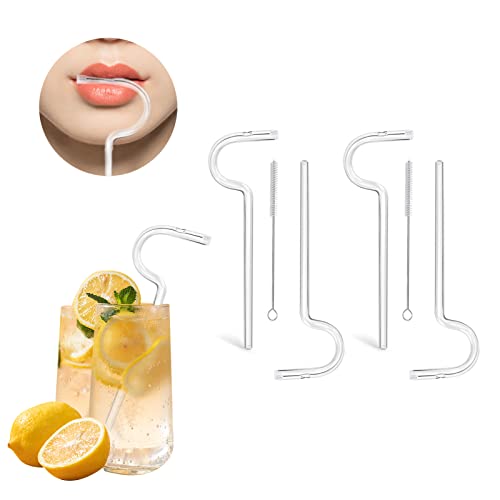 4 Pcs Anti Wrinkle Straw, Reusable Glass Drinking Flute Straw for Engaging Lips Horizontally to Prevent Lip Wrinkles & Vertical Lip Lines, High Borosilicate Cured Glass Straw for Beverages