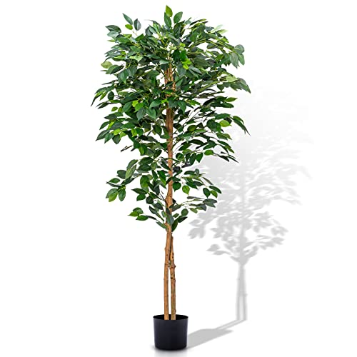 Aphighjoy Faux Plants Artificial Ficus Trees Eucalyptus Trees with Silk Leaves Fake Moss and Sturdy Nursery Pot, Fake Plants for Office Home Decor (5Ft - 1Pack, Upgraded Ficus Tree)