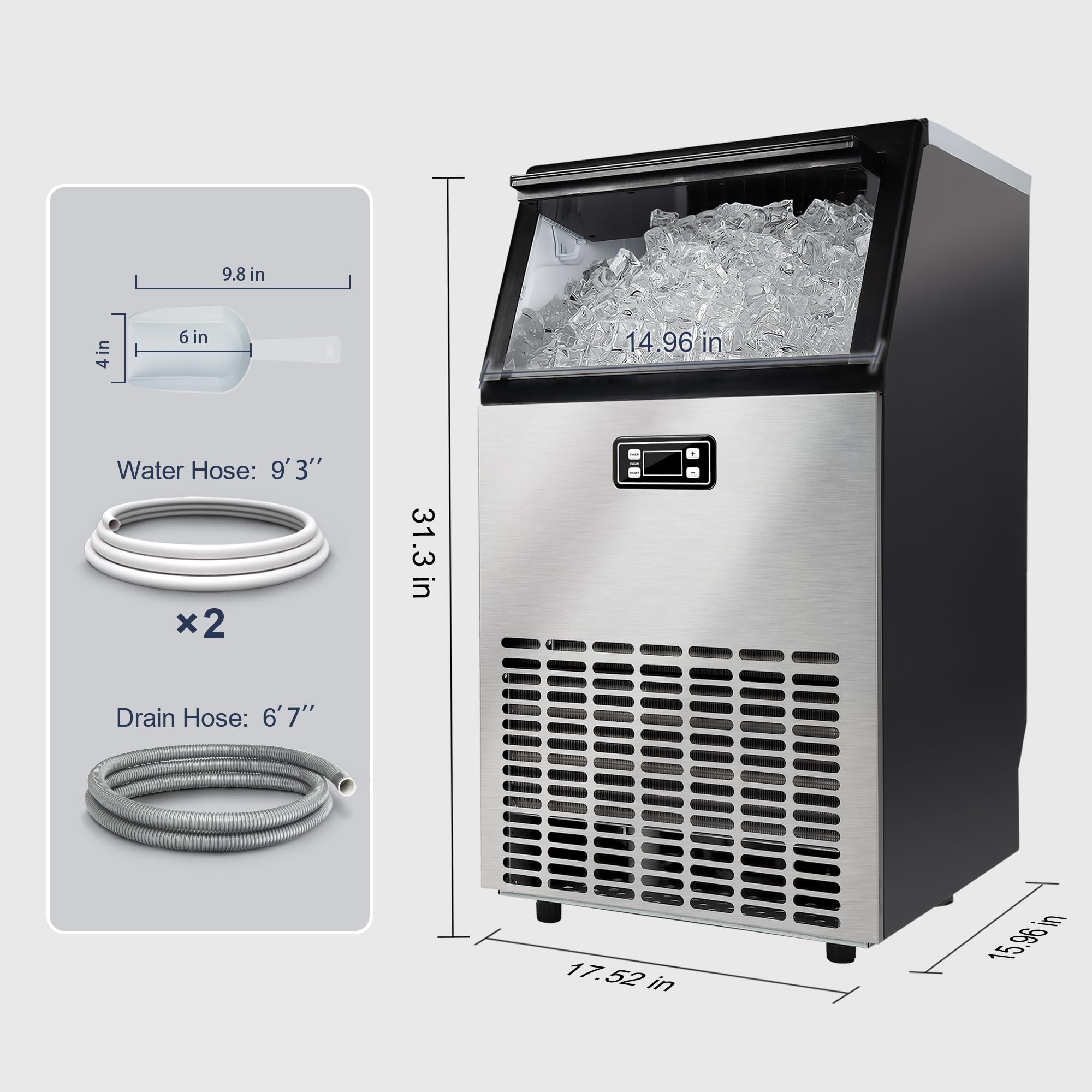 ICEVIVAL Commercial Ice Maker Machine, 100lbs/Daily Ice Production Under Counter Ice Maker, Self-Cleaning, Timer Stainless Ice Maker with 33lbs Ice Storage, Ideal for School, Home, Bar, RV
