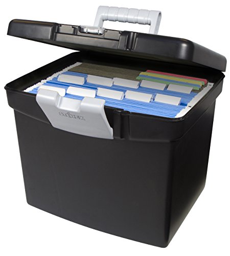 Storex Portable File Storage Box with Translucent Organizer Storage Lid- Plastic Office File Storage Box for Letter Paper and Hanging Folders, Black, Model Number: 61504A01C