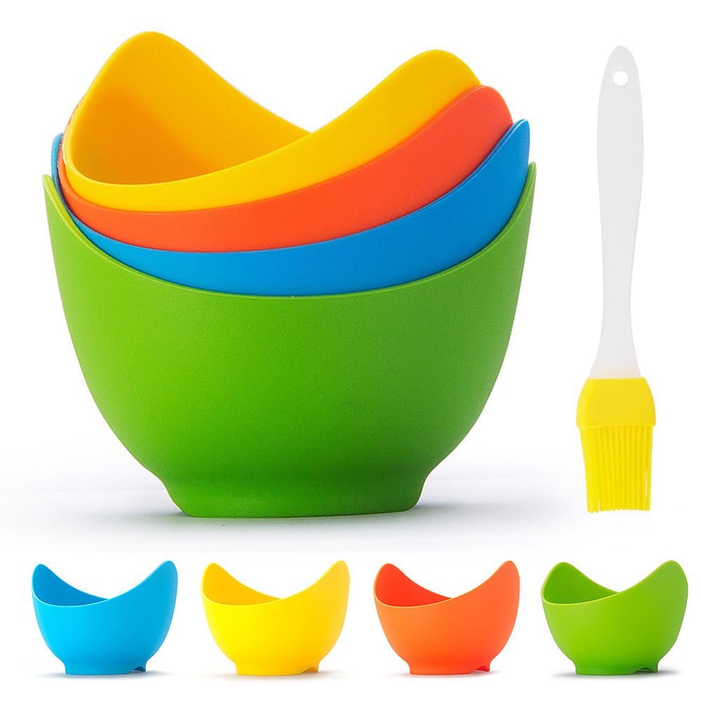Mikim Egg Poachers Silicone Egg Poacher Cups with Ring Standers, Nonstick Egg Poaching Cups Poached Egg for Stovetop Air Fryer, BPA Free Egg Cooking Cups with Extra Oil Brush, 4 Pack