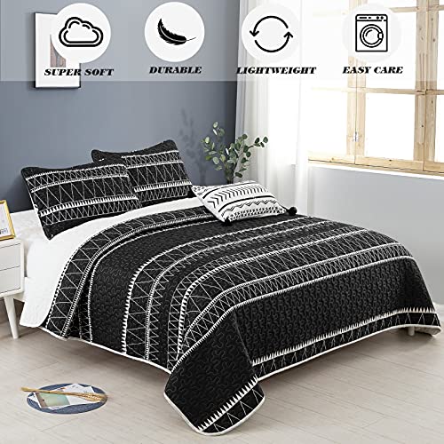 Black Quilt Set King, Black Striped Triangle Pattern Printed Bedspread Coverlet, 3 Pieces (1 Quilt + 2 Pillowcases), Soft Microfiber Bohemian Bedding Quilt Coverlet for Summer 90"x103"