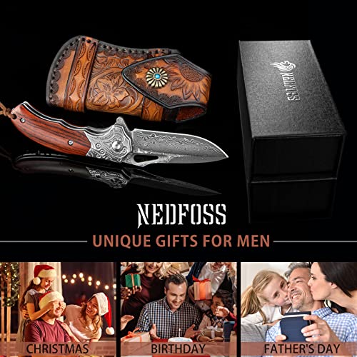 NedFoss Damascus Pocket Knife for Men, 6.5" Handmade Forged VG10 Damascus Steel Folding Knife with Retro Leather Sheath, Sandalwood Handle, EDC Cool Knives for Mens Gift